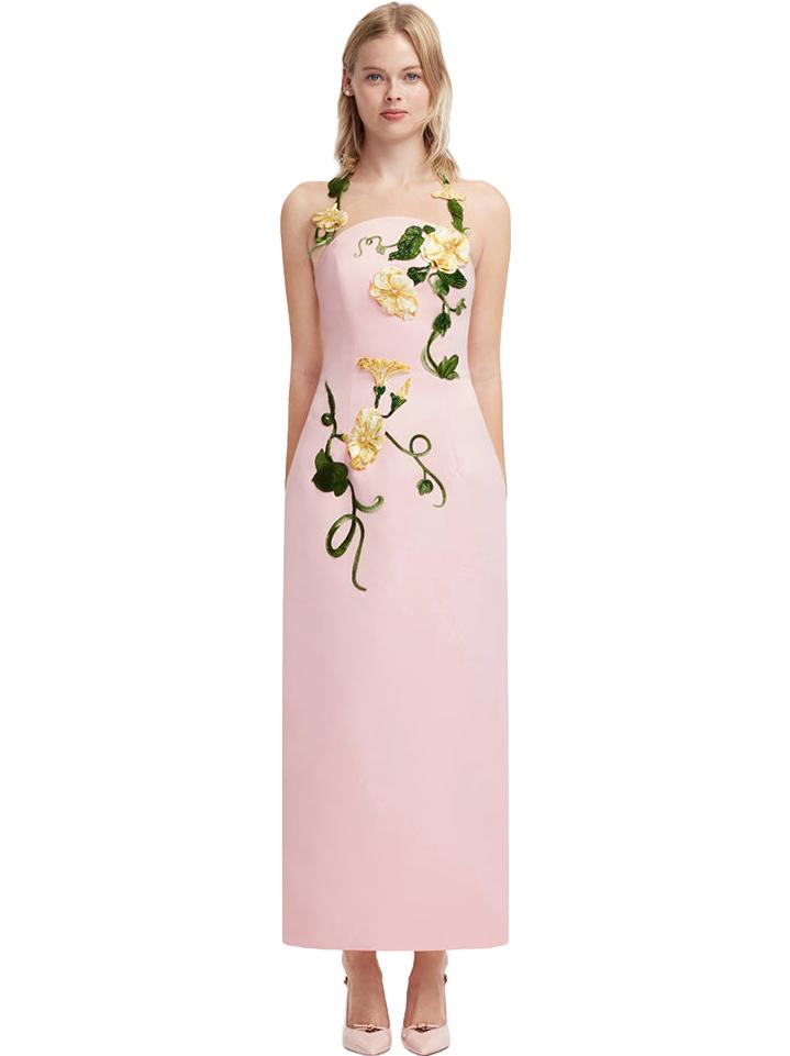 LEO LIN Leo Lin Ava Halterneck Appliqué Floral Bustier Maxi Dress
